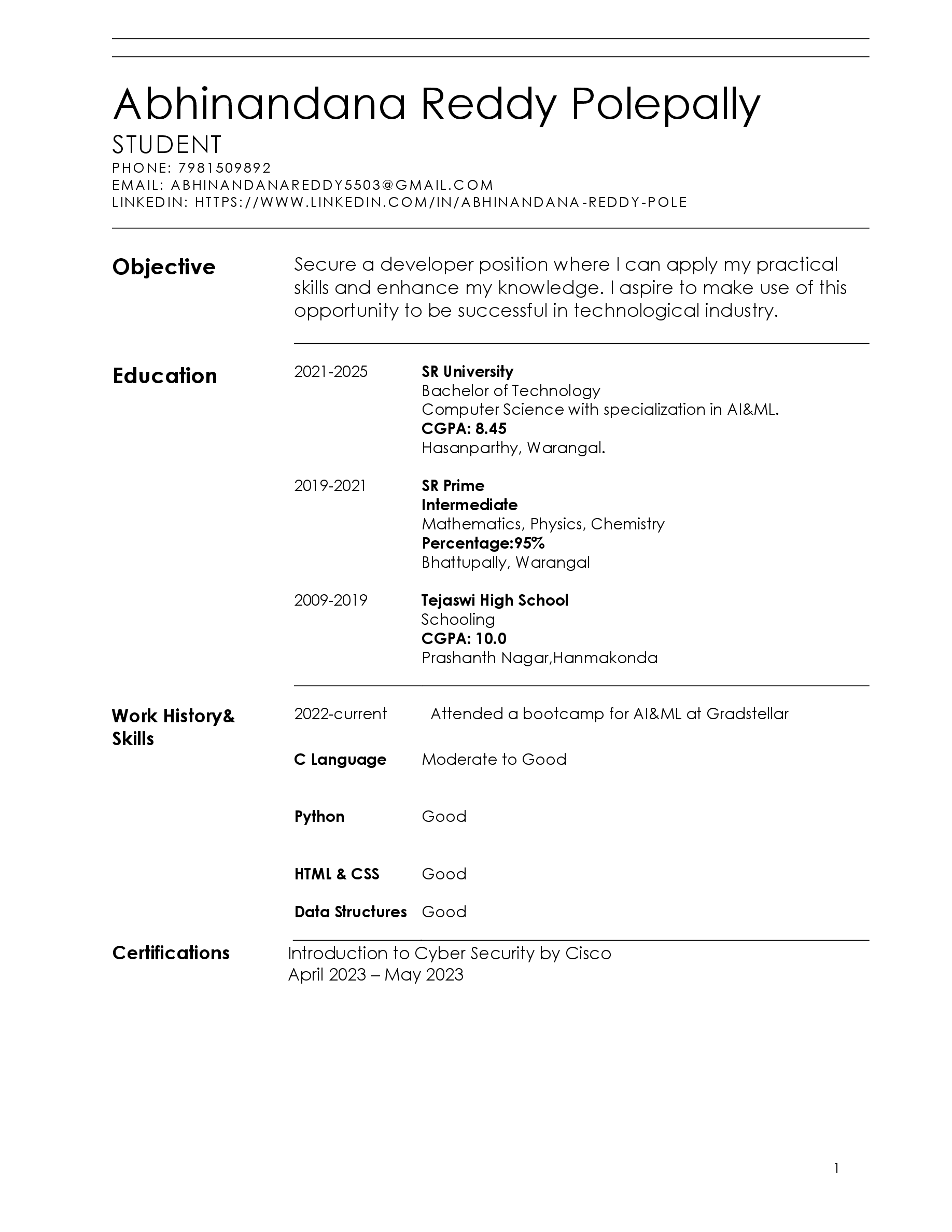 Abhinandana Reddy Polepally Resume — Postimages