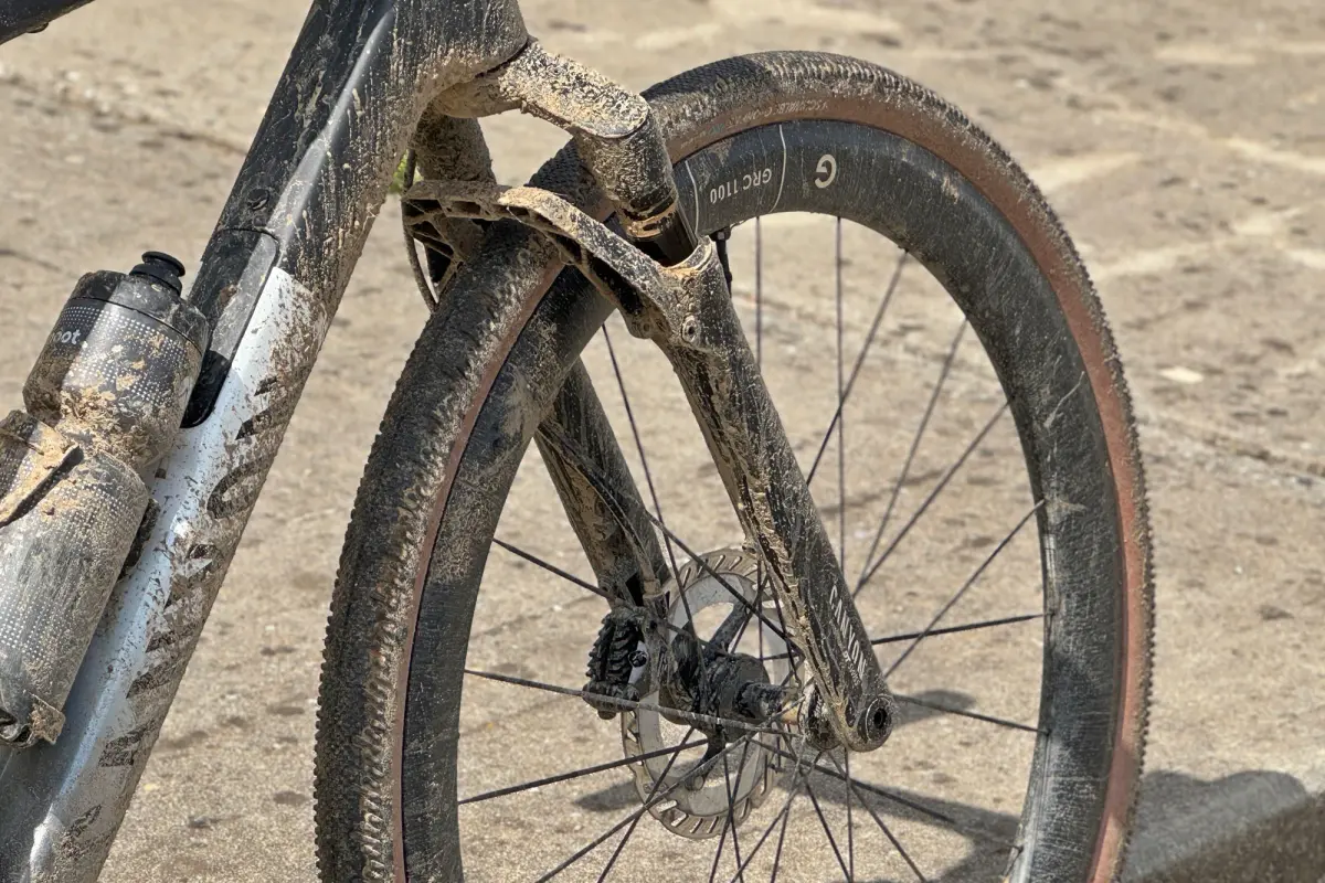 Unreleased Canyon x DT Swiss F132 One gravel bike suspension fork dirty on bike — Postimages