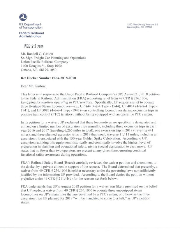 U S DOT FRA Union Pacific Decision Letter 2019 1 — Postimages