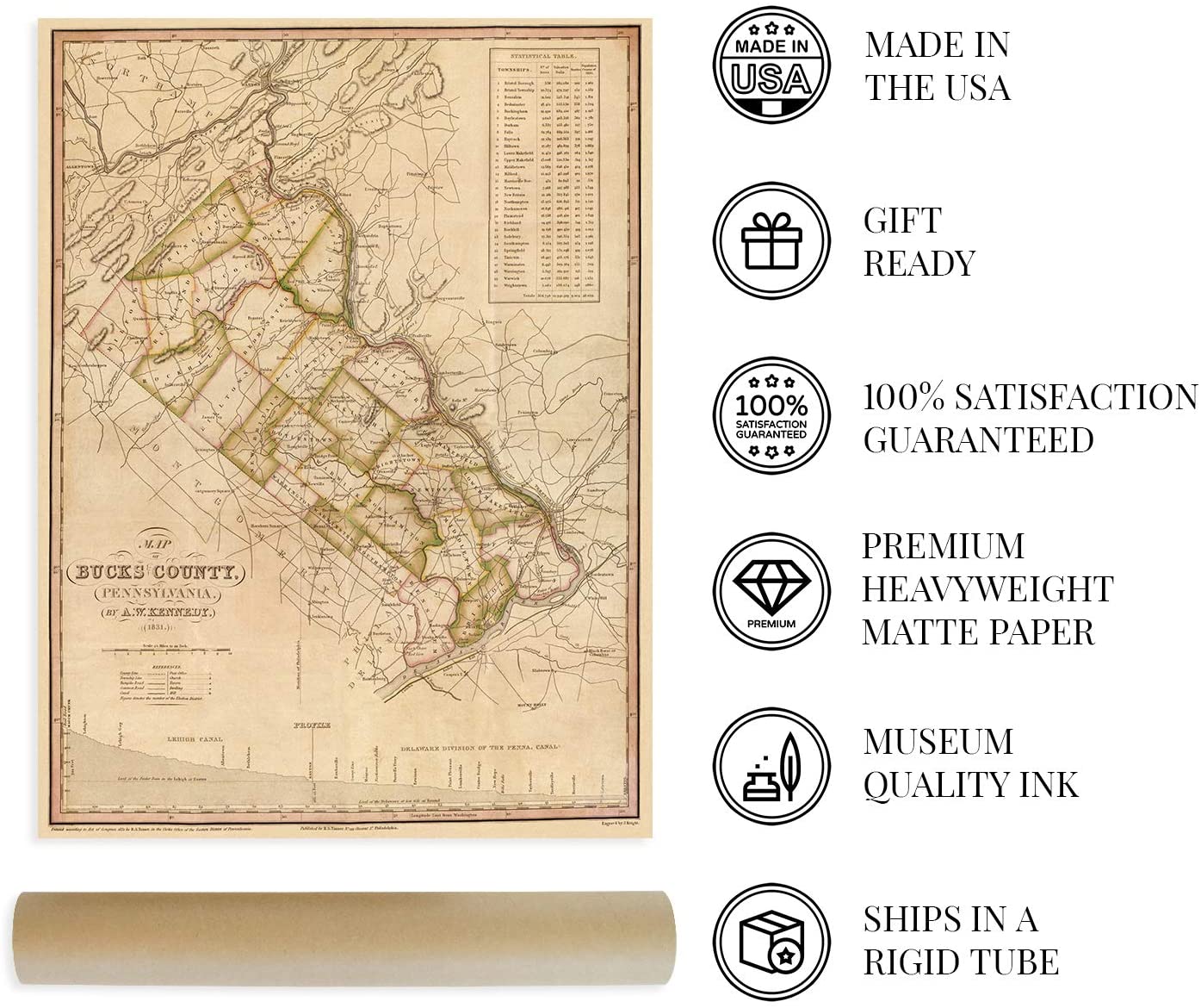 1831 Map of Bucks County Pennsylvania - Vintage Bucks County PA Wall ...