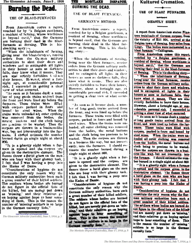 WW1 Australian newspapers June July 1916 Corpse Factory Story Burning ...