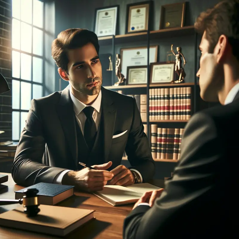 DALL· E 2024 05 14 19 06 57 A professional legal office scene featuring a distinguished lawyer ...