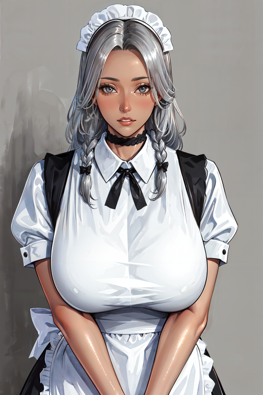 01437 4176199692 1girl,solo,long hair,silver hair,single braid,grey eyes,choker,upper body,curvy ...