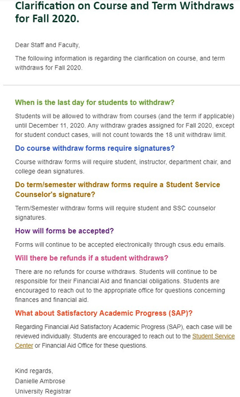 Registrar Email UPCOMING WITHDRAW DEADLINE : r/CSUS