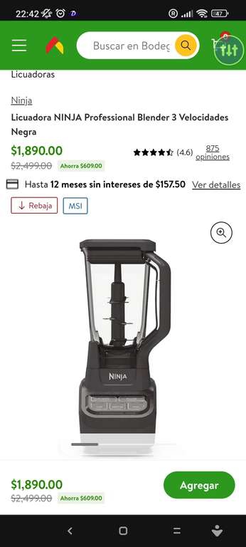 Bodega Aurrera: Licuadora NINJA Professional Blender 3 Velocidades Negra