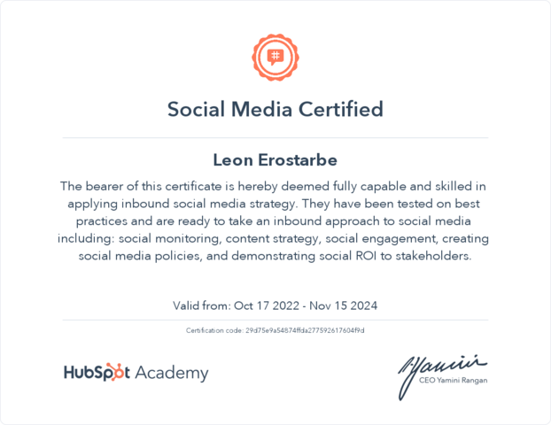 2022 10 17 Hubspot Social Media Certificate Leon Erostarbe — Postimages