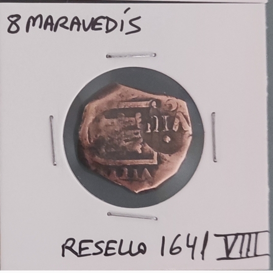 8 maravedíes de Felipe III o Felipe IV resellados a VIII mrvs. de 1641.