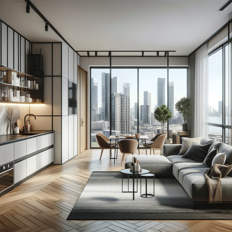 DALL· E 2023 11 10 12 27 08 A modern and stylish interior of a flat, featuring an open plan ...