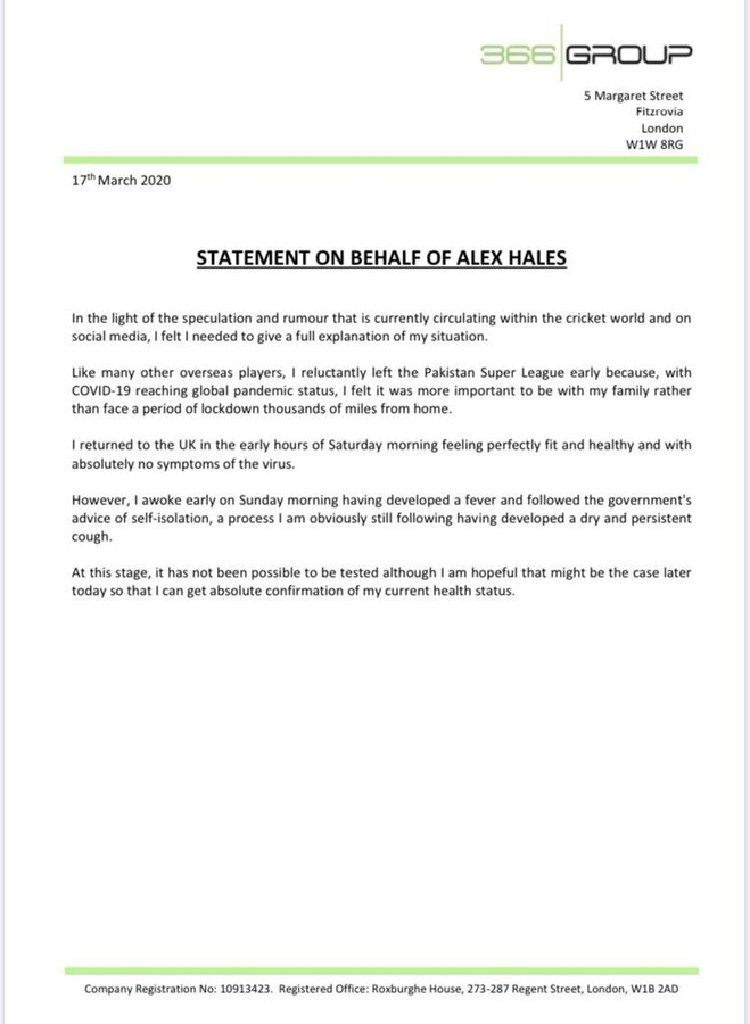 Alex Hales statement — Postimages
