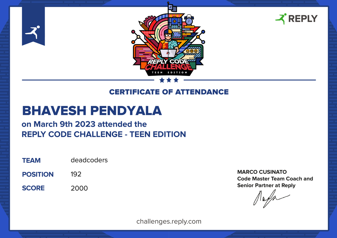 Reply Code Challenge Teen2023 Certificate — Postimages