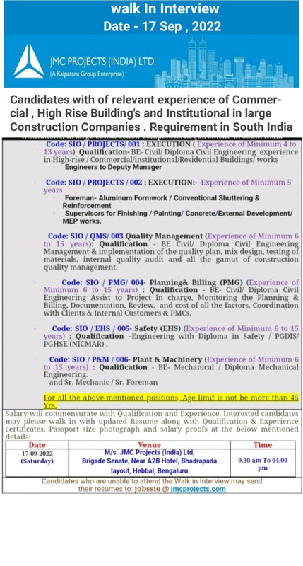 Jmc Projects Limited Walk In Interview 2022 | For Engineers | Unique ...