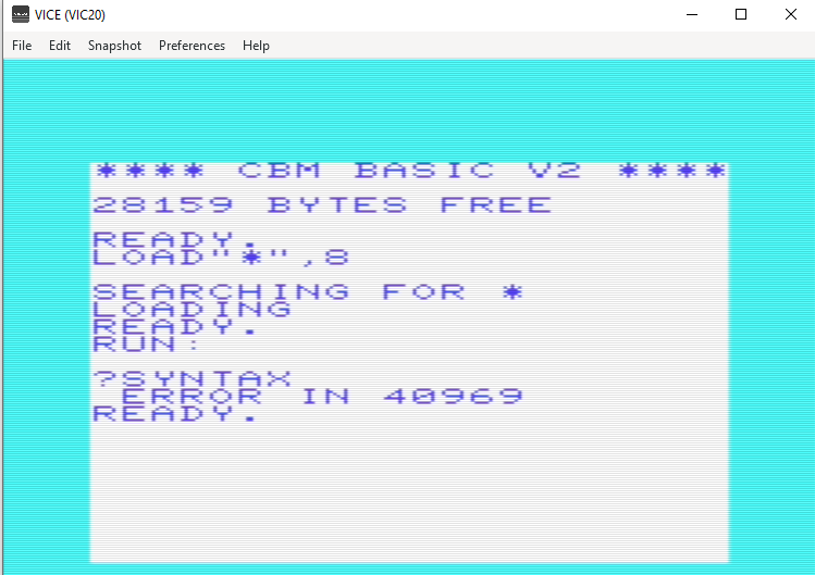 Vice - Vic 20 emulator: how to fix "? SINTAX ERROR IN 40969" error ...