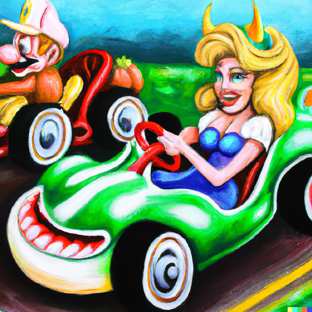 DALL· E 2022 07 31 02 35 30 an oil panting of Bowsette overtaking luigi ...