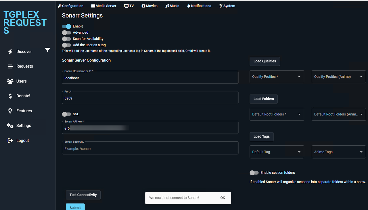 Ombi not connecting to Sonarr - gives an error in console · Issue #4832 · Ombi-app/Ombi · GitHub