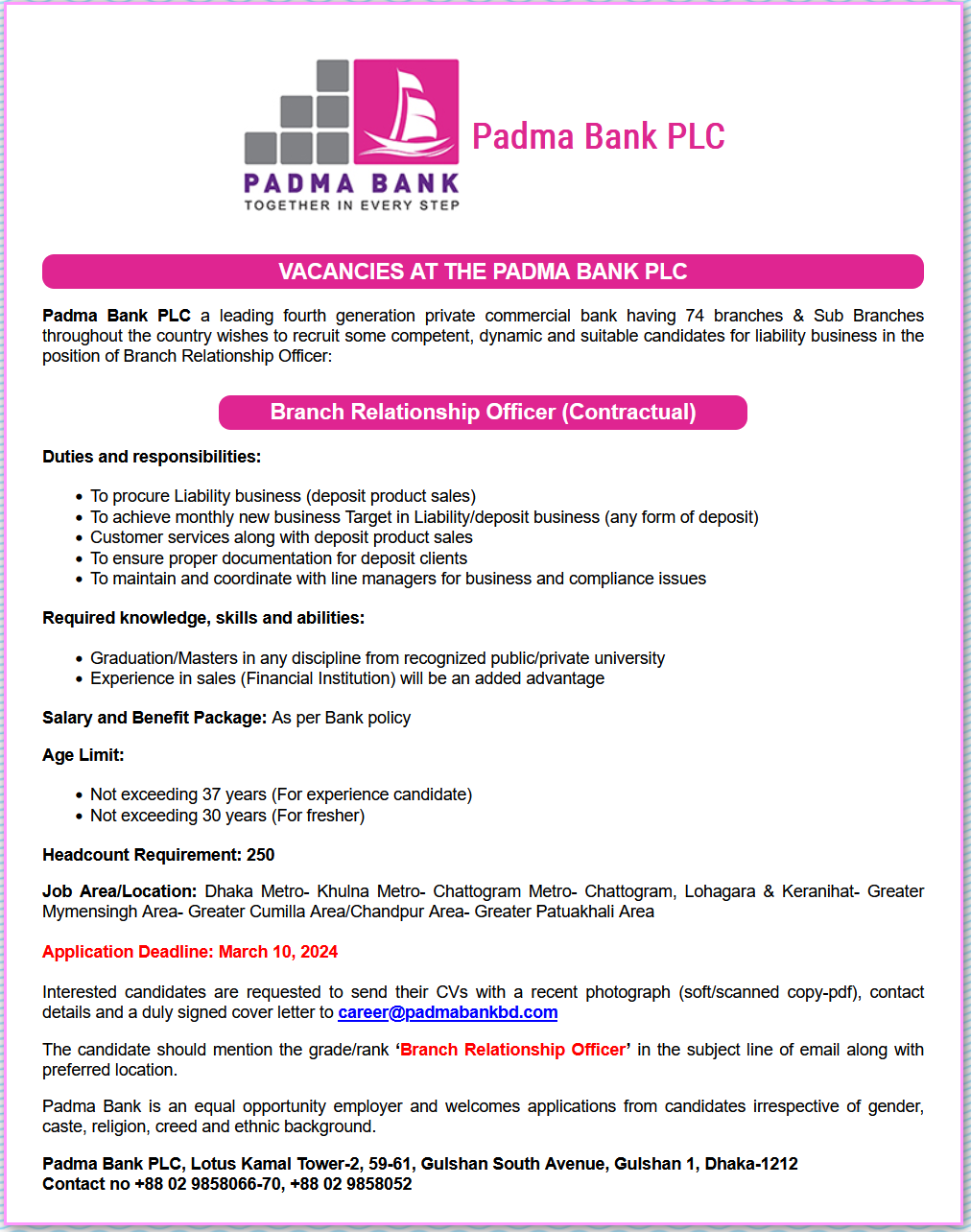Padma Bank Job Circular 2024