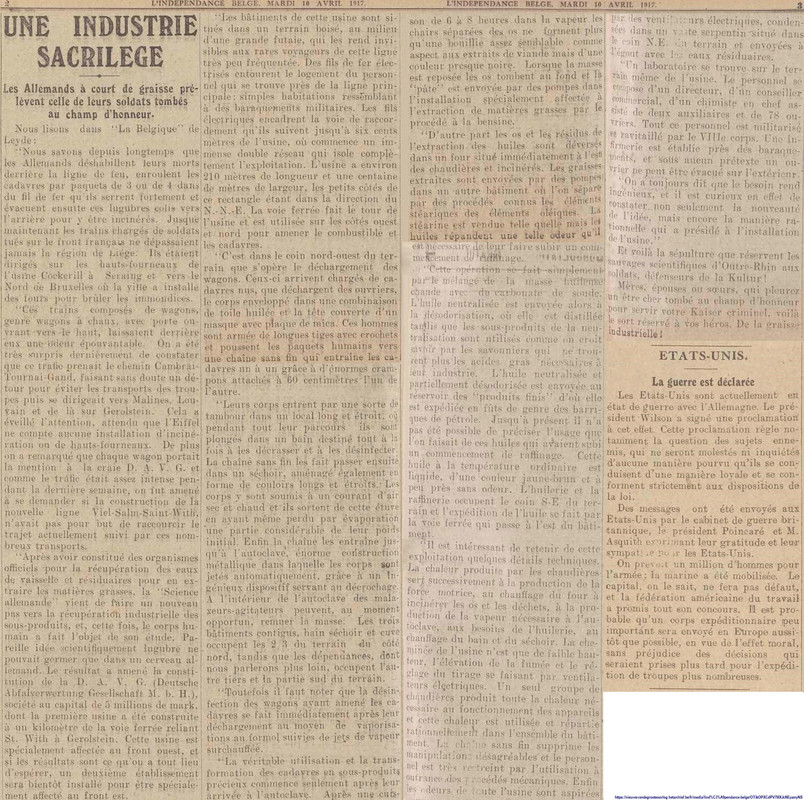 WW1 L'indépendance belge April 1917 Corpse Factory Story une industrie ...