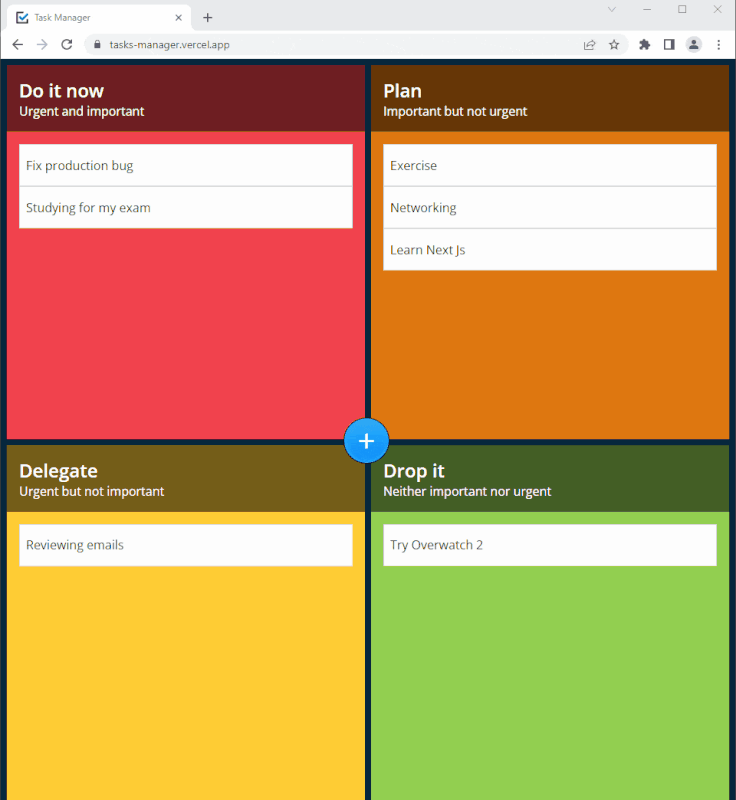 GitHub - selienyorbandi/tasks-manager: Eisenhower Matrix for managing tasks. | React ...