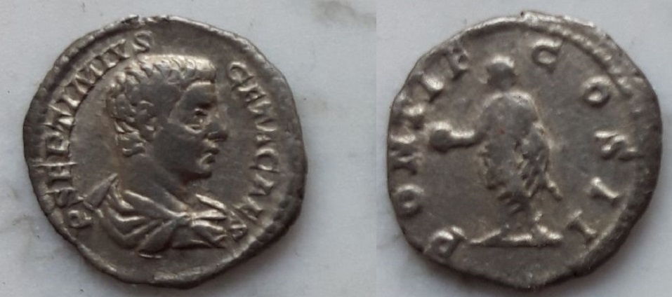 Denario de Geta. PONTIF COS II. Geta a izq. Roma