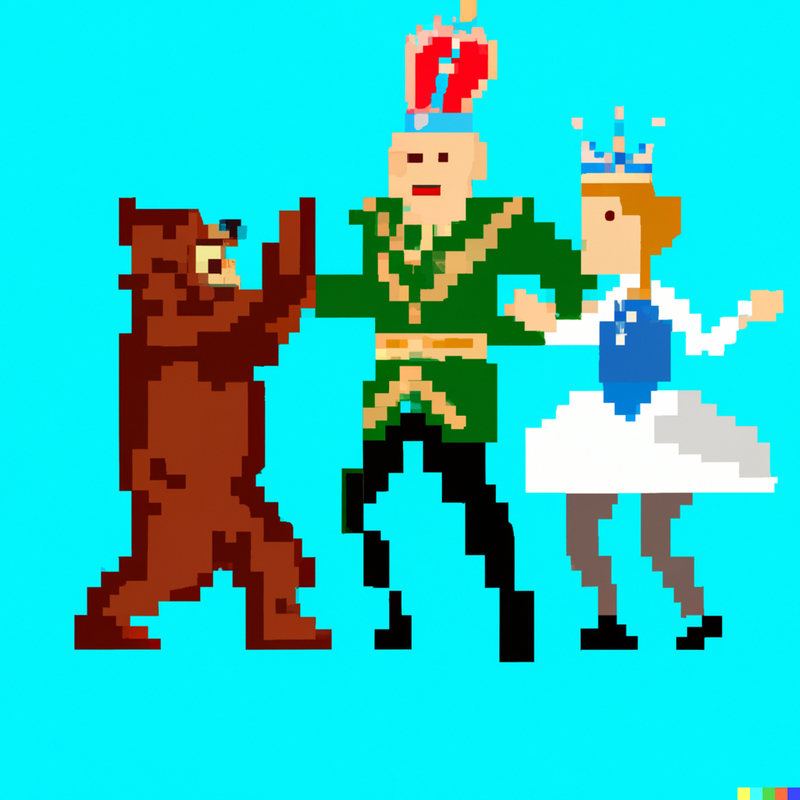 DALL· E 2022 09 13 12 48 03 Clive Sinclair, The Queen and Padding Bear dancing Drawn in pixel ...