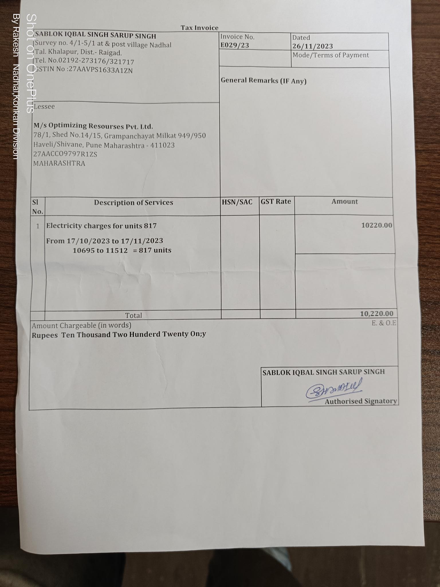 LIGHT BILL MONTH OF NOV 23 — Postimages