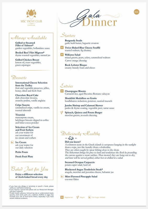 Yacht Club DINNER Menus - Page 3 - MSC Cruises - Cruise Critic Community