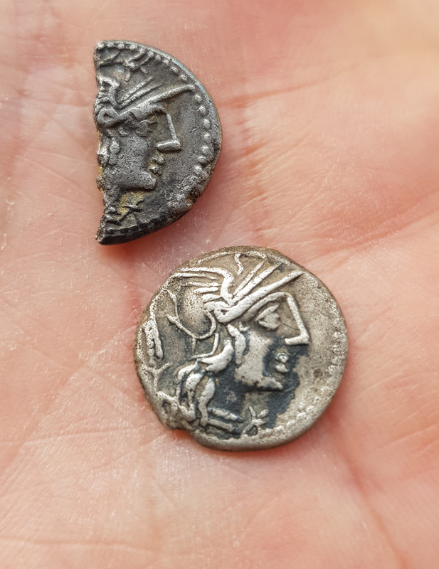 Mitad denario de la gens Domitia. CN. DOM - ROMA. Victoria guiando biga ...