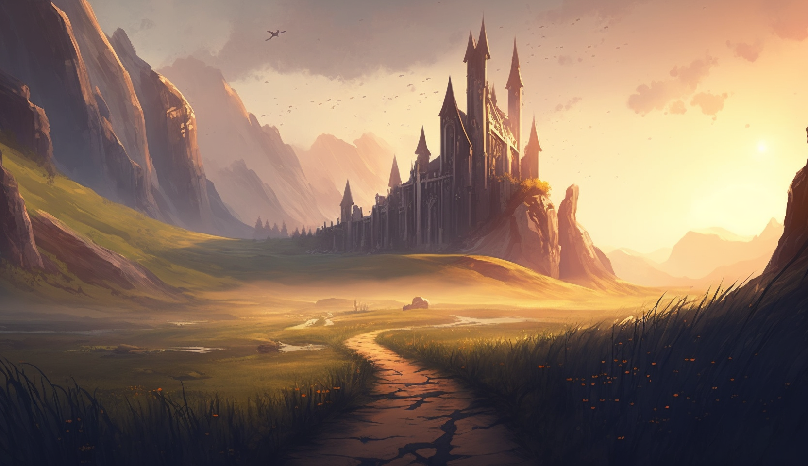 grassy landscape at dawn fantasy castle — Postimages