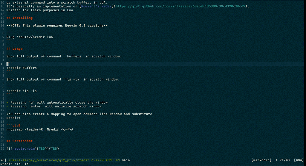 Github Sbulavnredirnvim Redirect The Output Of Vim Or External Command To Scratch Buffer