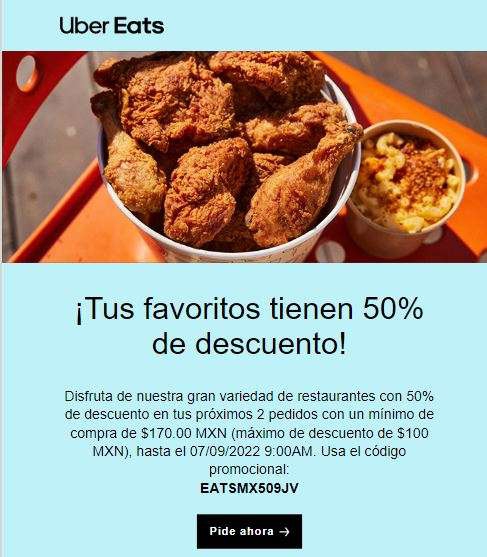 Uber Eats 50% de descuento en 2 pedidos