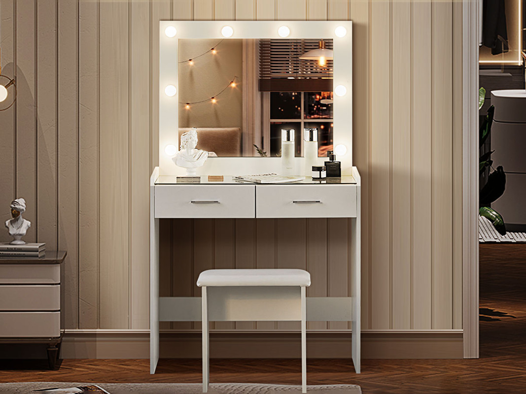 Dressing Table with Hollywood 3-Color LED Lights Mirror and Galss Top ...