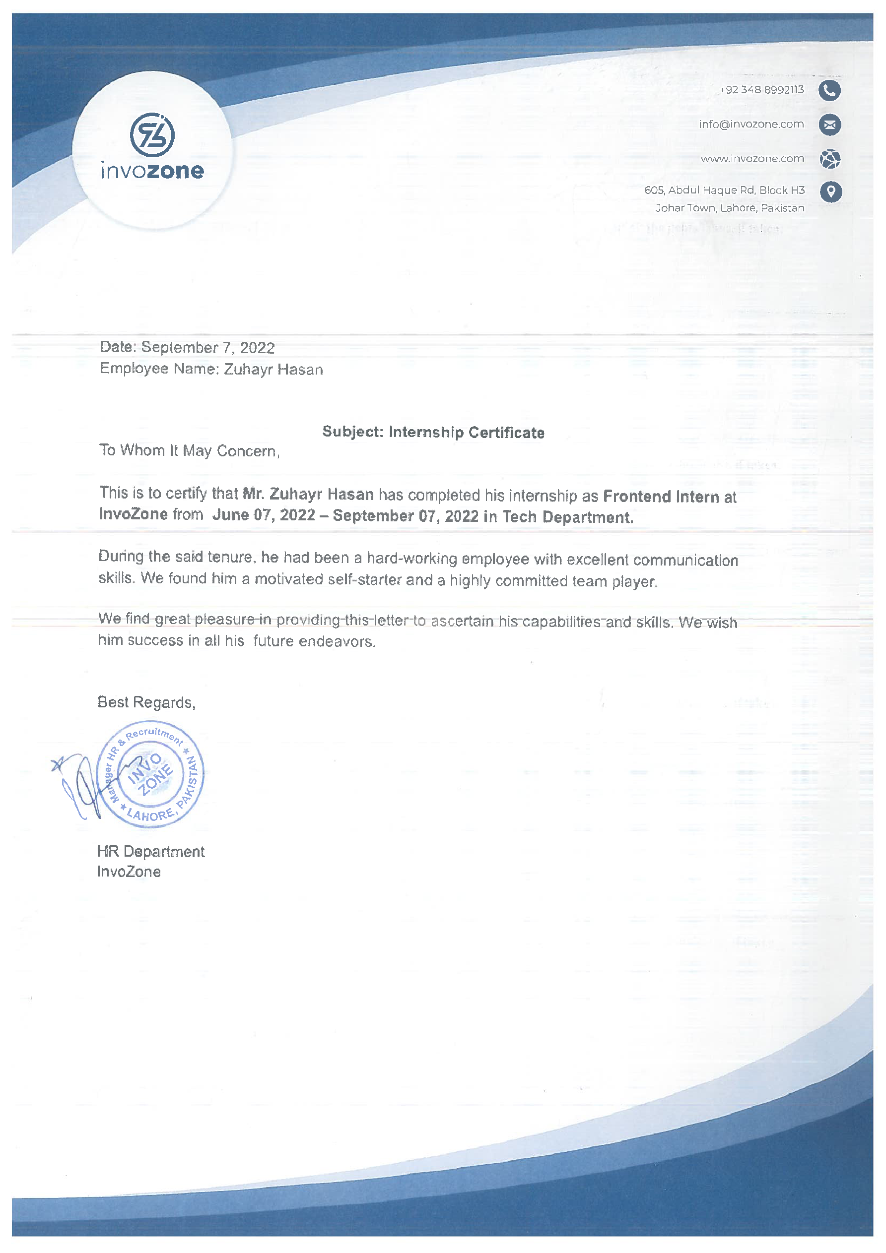 Certificate Invozone Internship — Postimages