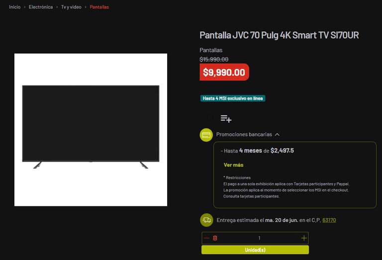 Soriana JVC 70 Pulgadas Pantalla 4K Smart TV SI70UR