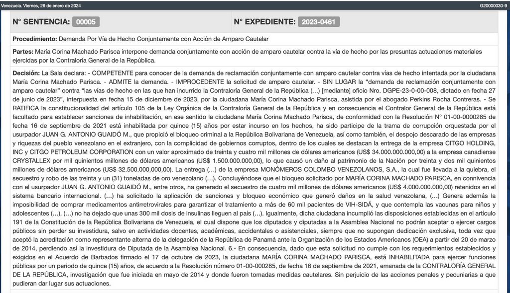 TSJ de Venezuela confirma inhabilitación de María Corina Machado: no ...