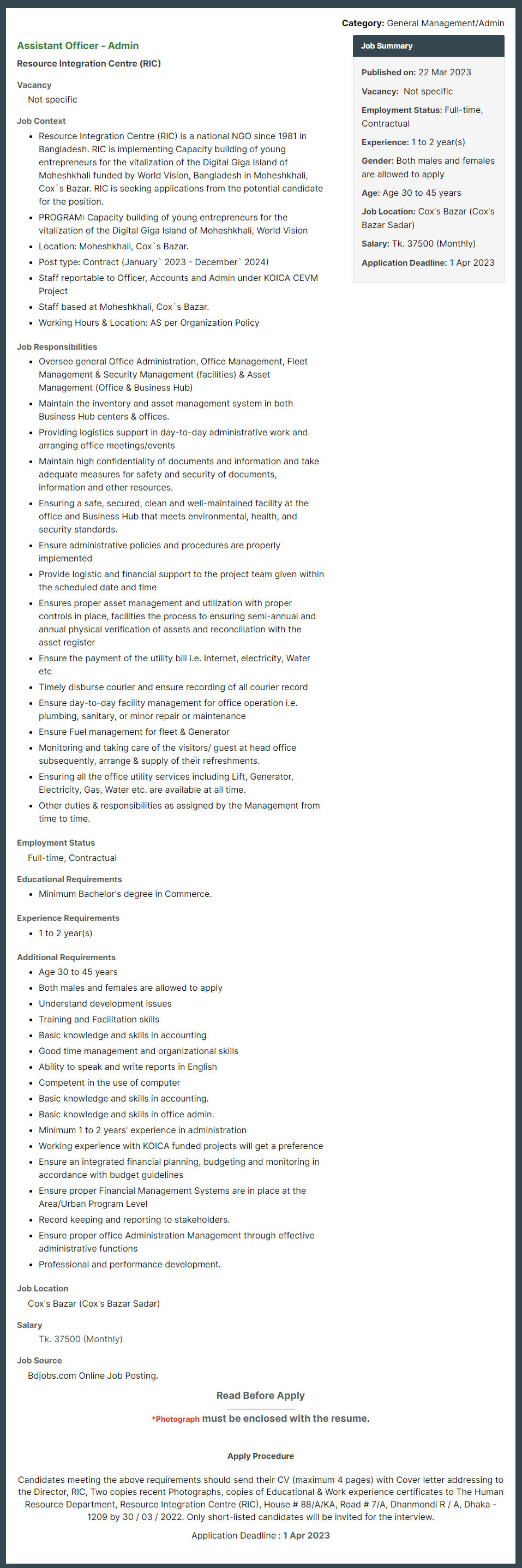 RIC NGO Job Circular - Easy Apply Procedure 2023– ric-bd.org