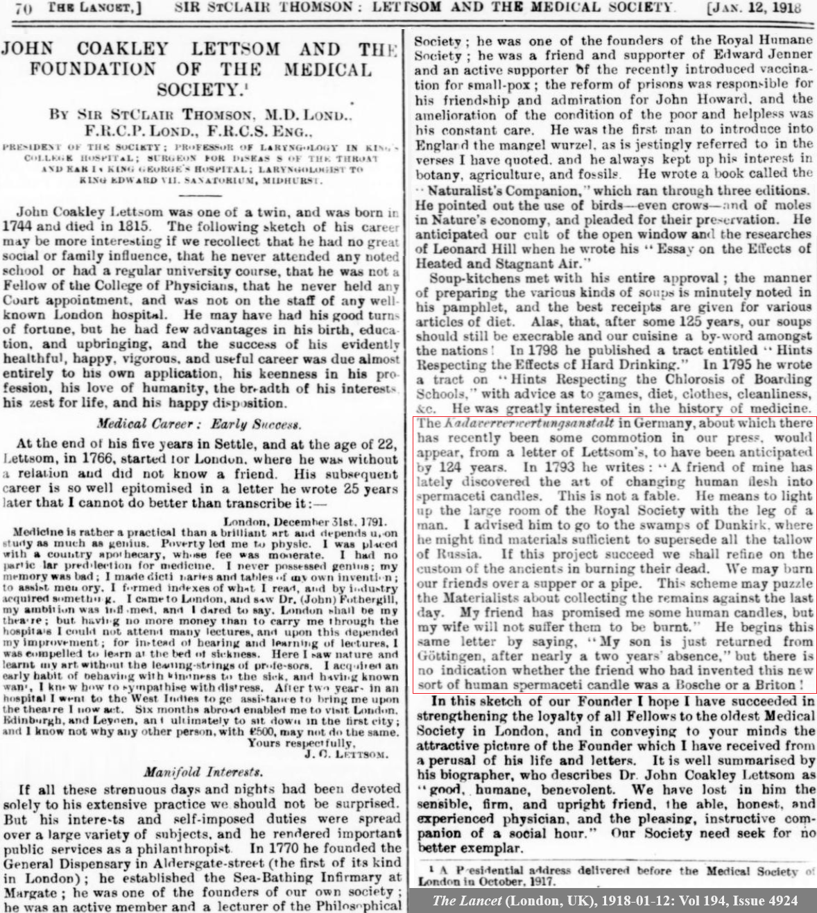 WW1 The Lancet January 1918 Corpse Factory Story Medical Society of ...