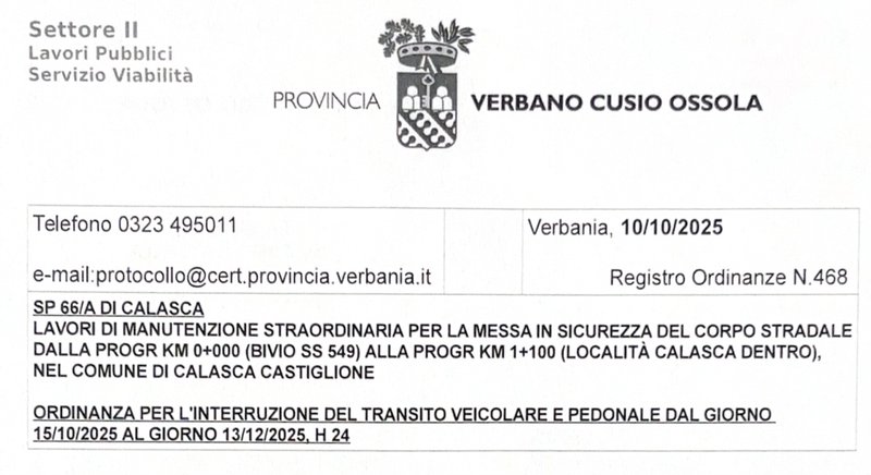 Calasca Castiglione: Chiusura al traffico SP 66/A per lavori di ...