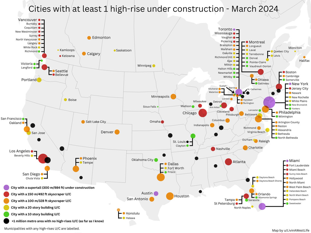 North America highrise construction map (suburban, occupancy, metro ...