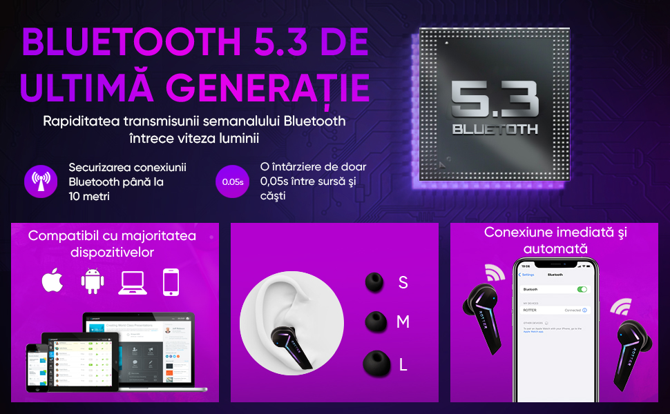 Casti gaming bluetooth ROTTER®, Wireless audio, Fara Fir, Afisaj ...