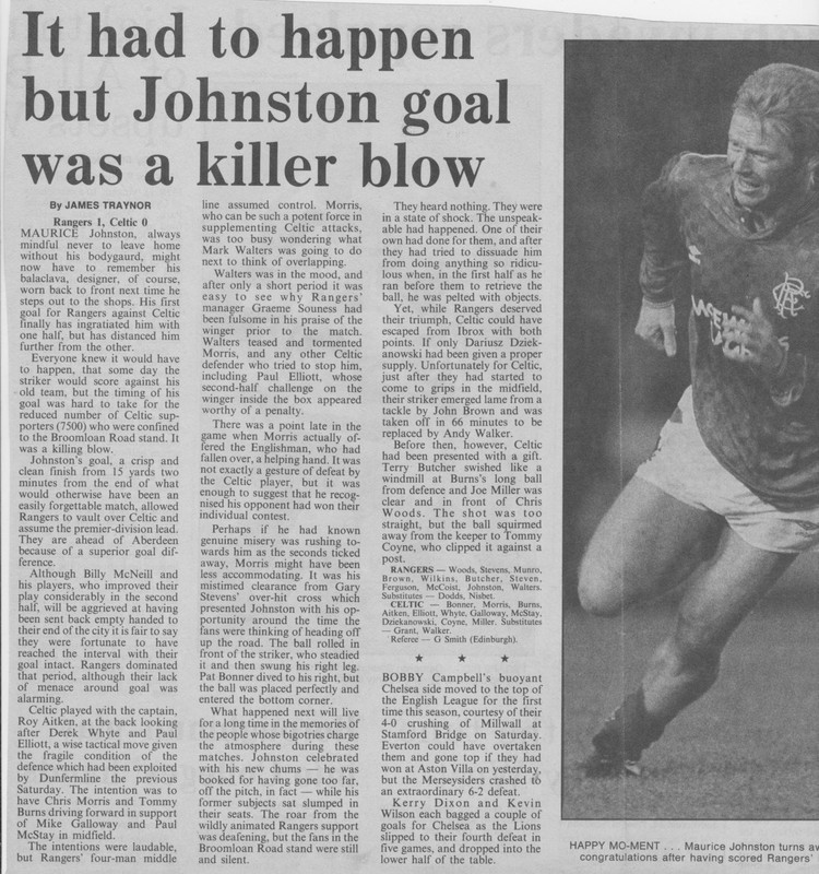 Rangers v Celtic match report Jim Traynor Maurice Johnston — Postimages
