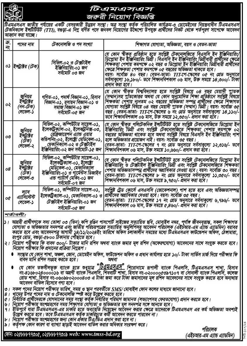 TMSS Job Circular 2024 » Bir Bangla-বীর বাংলা পোর্টাল