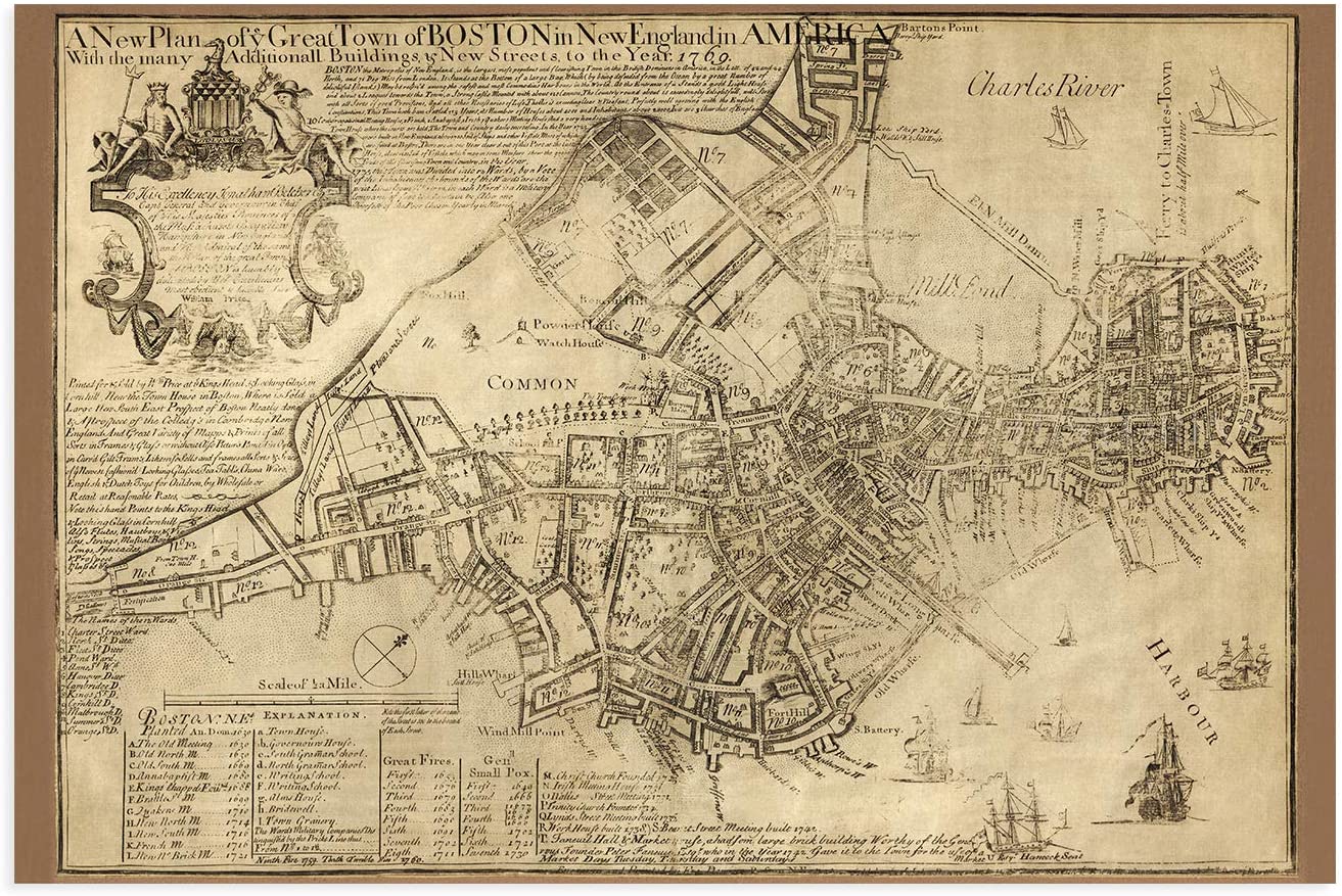 1769 Map Print of Boston Massachusetts - Vintage Boston MA Wall Art ...