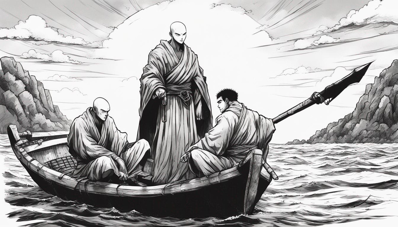 1 monk and 1 man on boat manga inked style berser by oujimishima ...