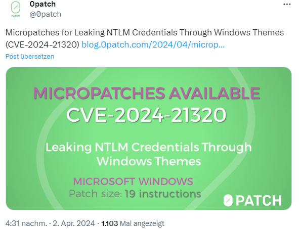 Windows NTLM Credentials-Schwachstelle CVE-2024-21320: Fix durch 0patchBorns IT- und Windows-Blog