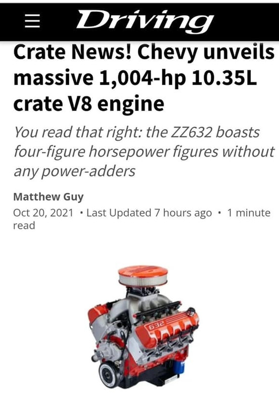 Chevy new engine 10L V8 1004hp NA