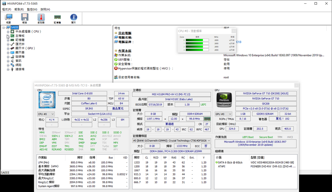 HWiNFO v7.73.5365 繁體中文免安裝版-專業電腦硬體資訊與診斷工具