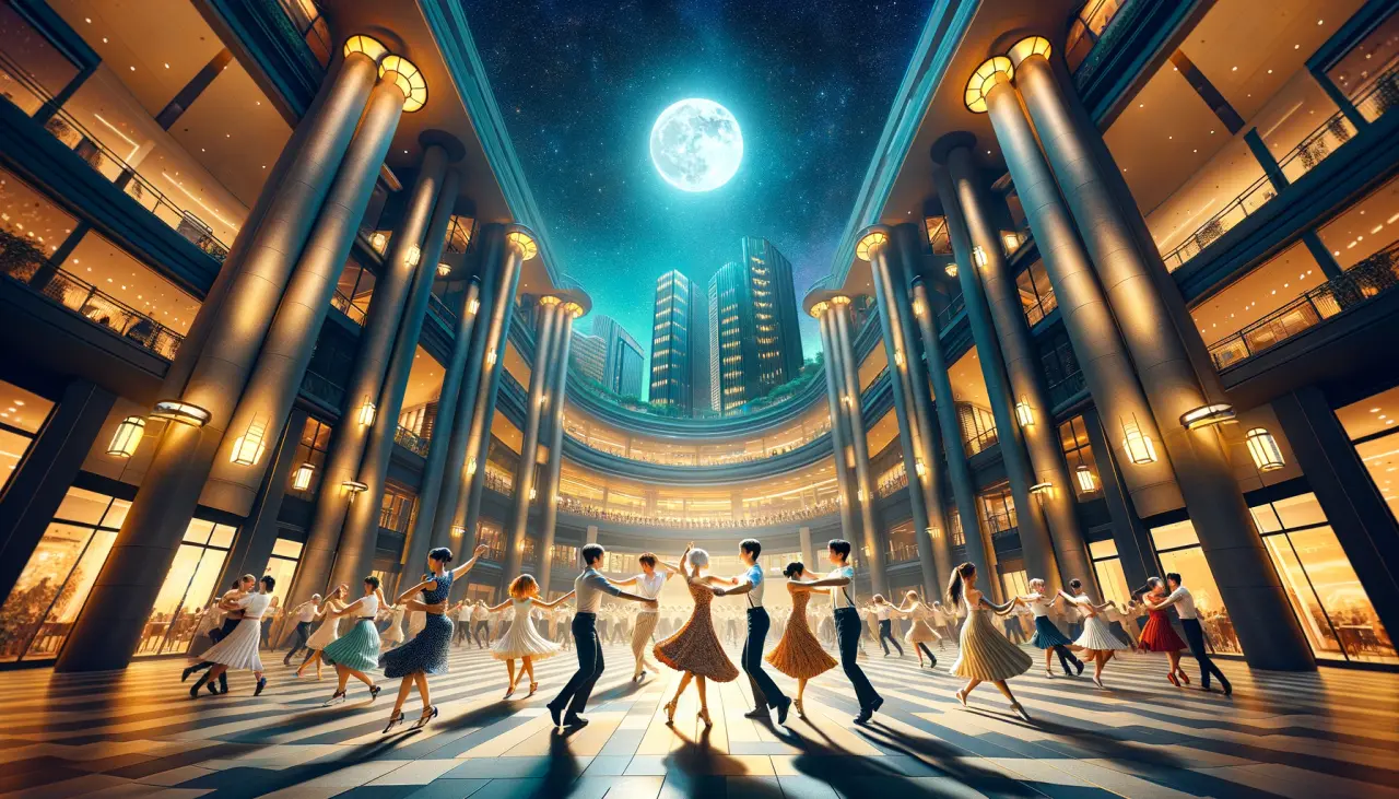 DALL E 2024 03 13 21 34 21 An open ceiling mall at night beneath a ...