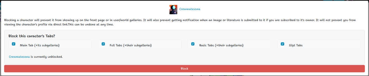 Blocking Characters ALSO Blocks the tab (+61) on Toyhouse