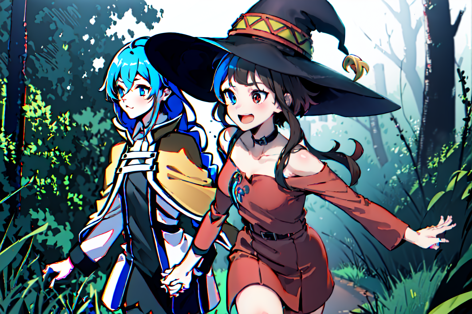 00103 1435927211 2girls witch hat Majestic wizards holding hands and running forward in a ...