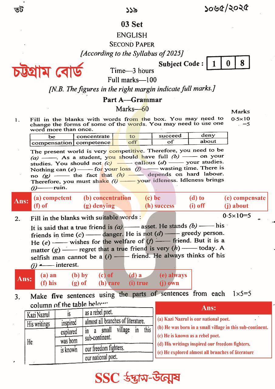 SSC English 2nd Paper Question Answer 2025 SSC English 2nd Paper
