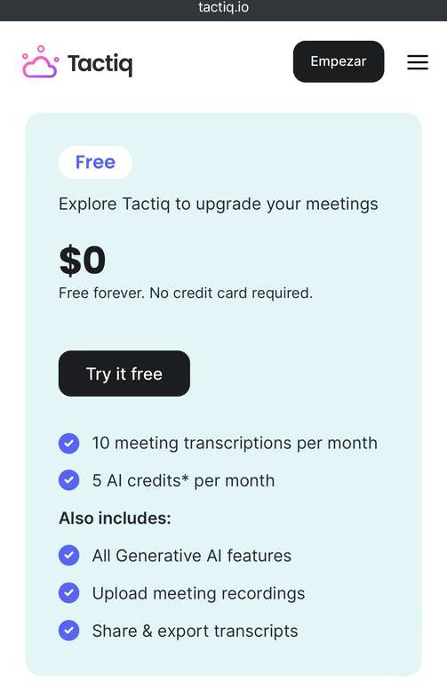 Tactiq: IA para transcribir y hacer minutas de videoconferencias, 5 gratis al mes.